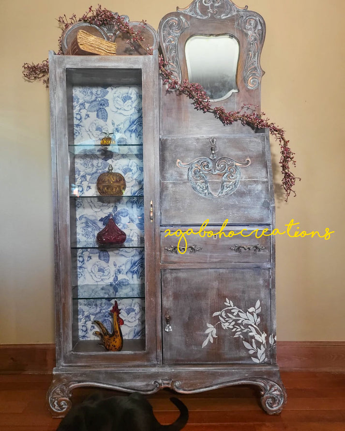 Antique Secretary Desk with Glass Display Cabinet – Aga Boho Creations